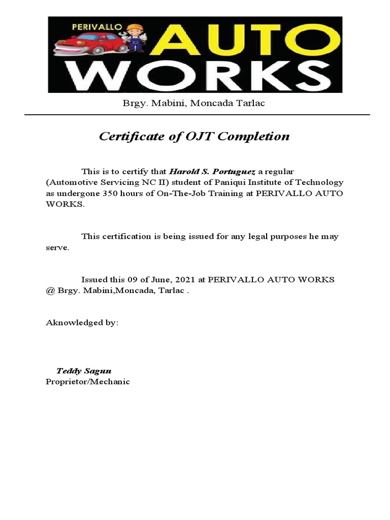 Certificate of OJT Completion: Brgy. Mabini, Moncada Tarlac | PDF | Business | Finance & Money ...