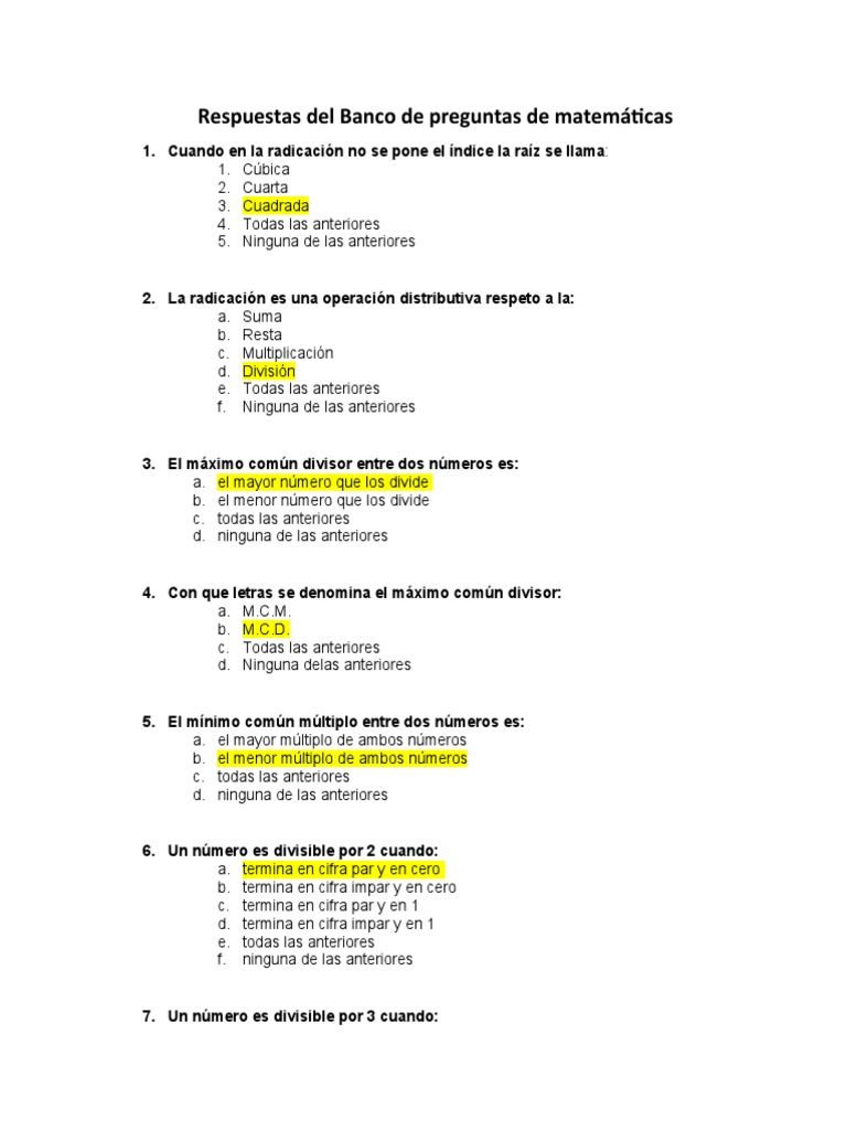 Banco de Preguntas de Matemáticas | PDF | Notación Matemática | Números