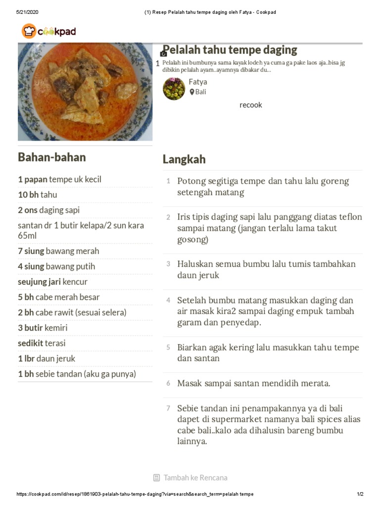 Resep Pelalah Tahu Tempe Daging Oleh Fatya - Cookpad | PDF | Memasak ...
