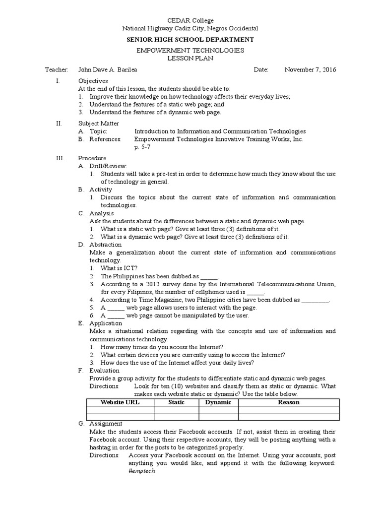 Emp Tech - Lesson Plan NOVEMBER | PDF | Educational Technology | World ...