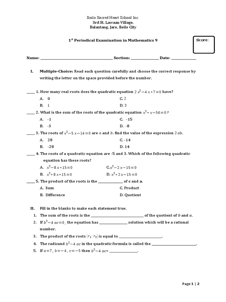 1st Periodical Examination in Mathematics 9 | PDF | Quadratic Equation ...