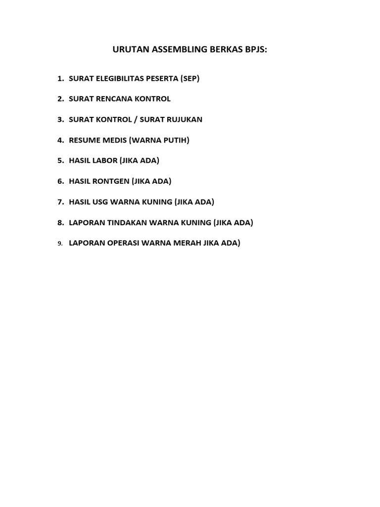 Urutan Assembling Berkas Bpjs | PDF