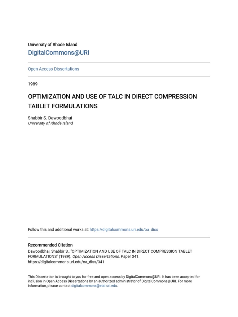 Optimization and Use of Talc in Direct Compression Tablet Formula | PDF ...