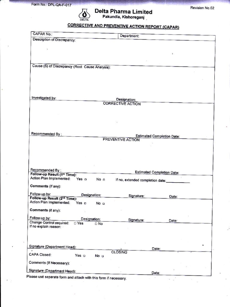 CAPA Form | PDF