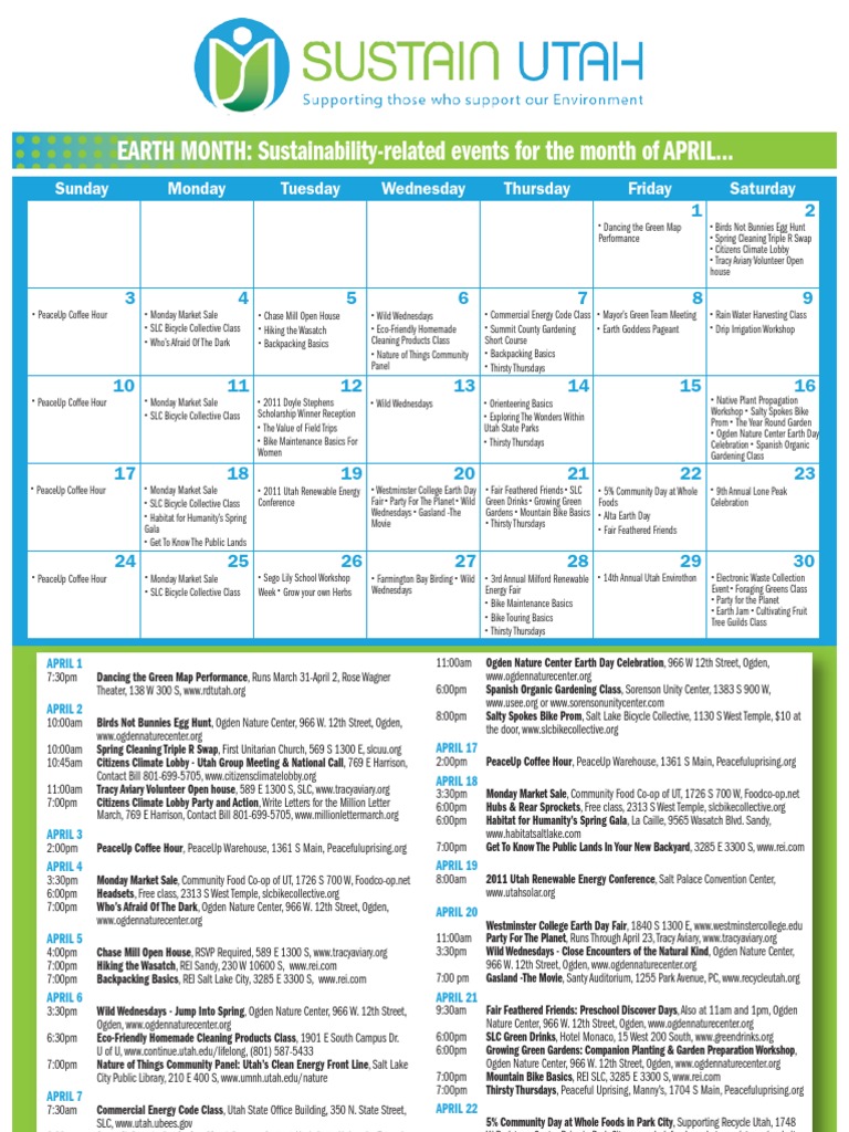 April Sustainability Events Calendar | PDF | Utah | Salt Lake City