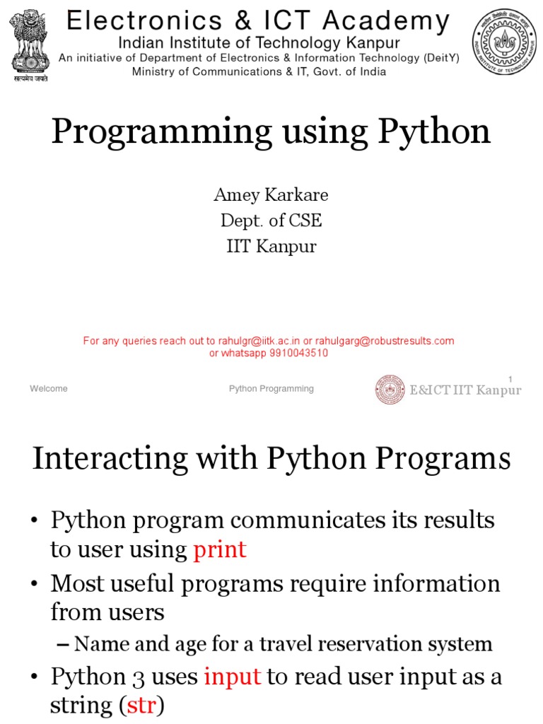 Programming Using Python: Amey Karkare Dept. of CSE IIT Kanpur | PDF