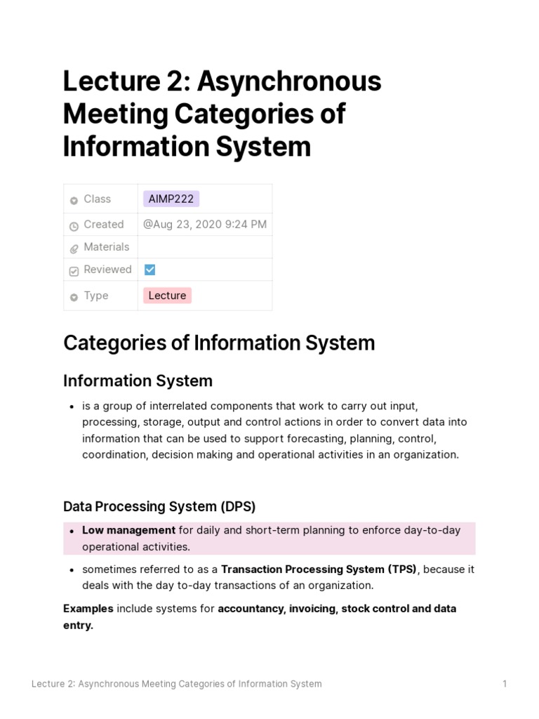 Lecture 2 Asynchronous Meeting Categories of Information System | PDF | Expert | Information System