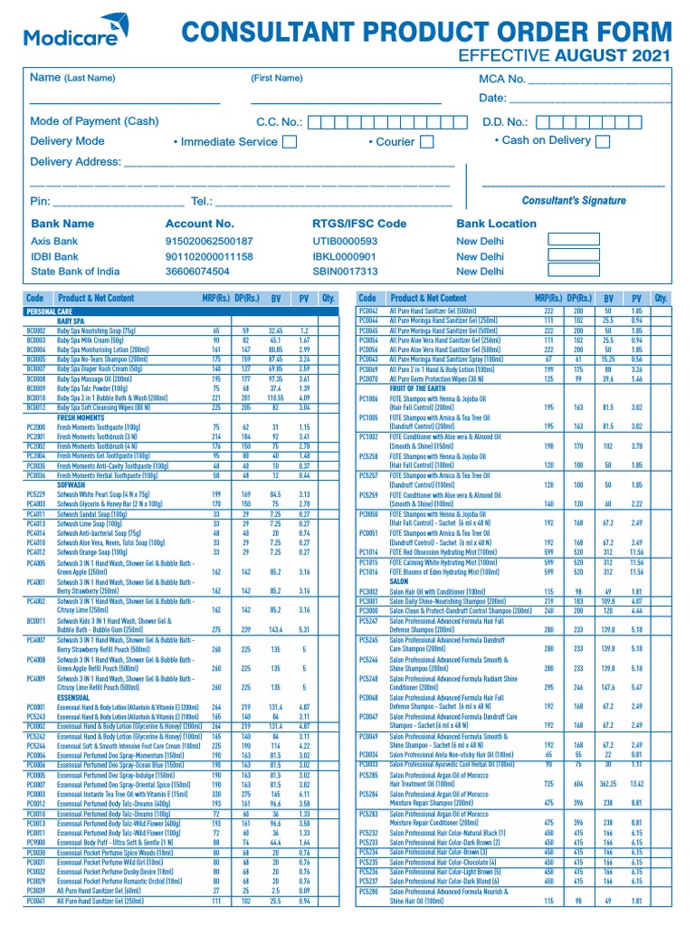 Consultant Product Order Form | PDF | Shampoo