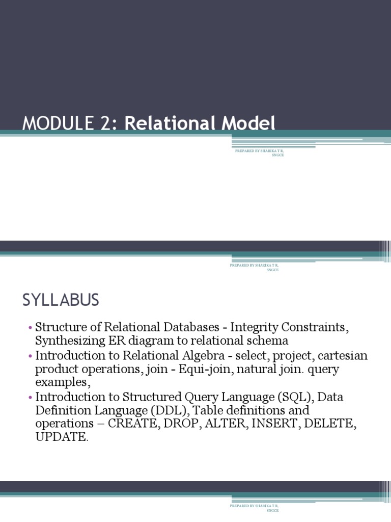 MODULE 2: Relational Model: Prepared by Sharika T R, Sngce | PDF | Relational Model | Relational ...