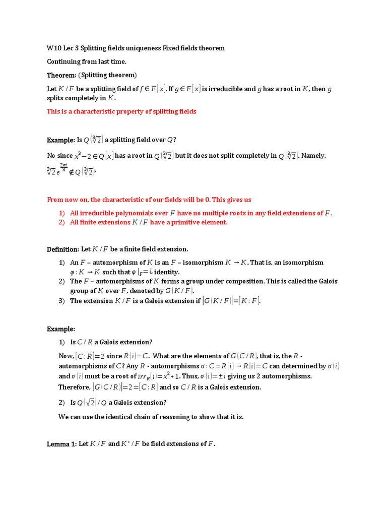 W10 Lec 3 Splitting Fields Uniqueness Fixed Fields Theorem Pdf