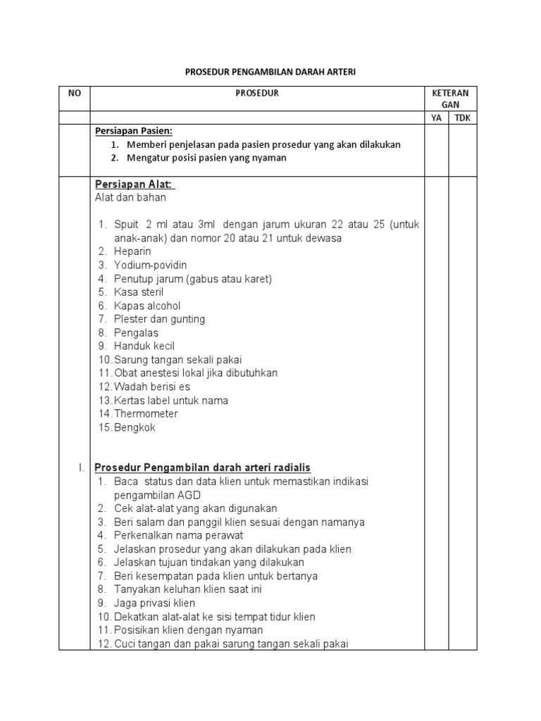 Cheklist Pengambilan Darah Arteri | PDF
