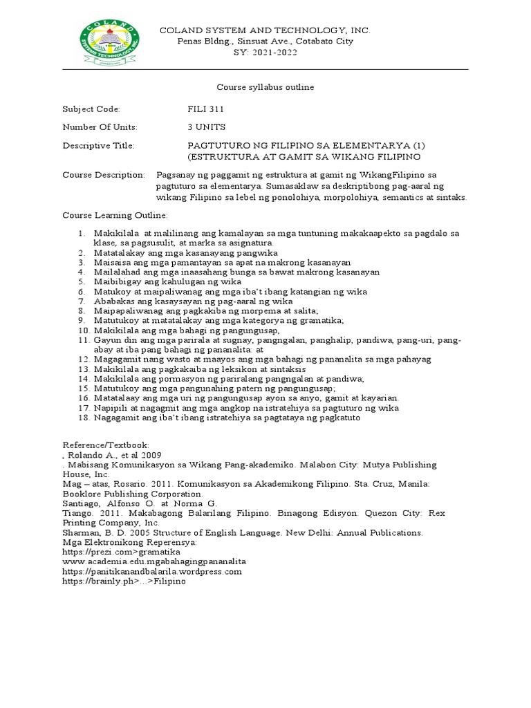 Filipino Course Outline | PDF