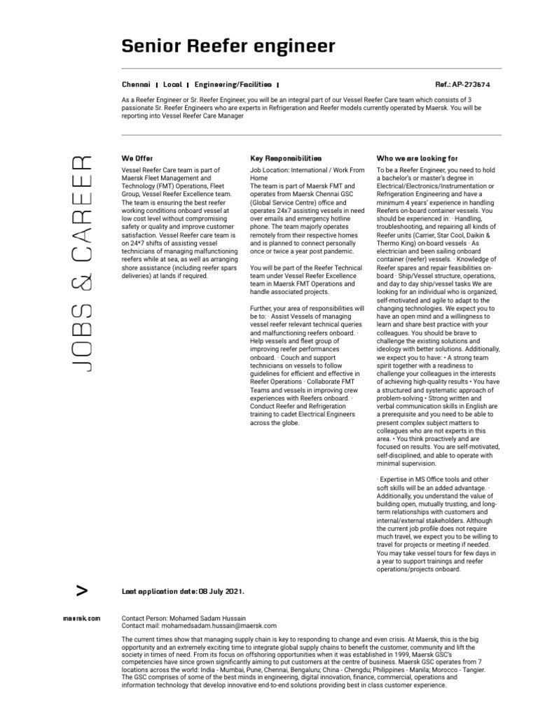 Job Posting Senior Reefer Engineer | PDF | Expert | Business