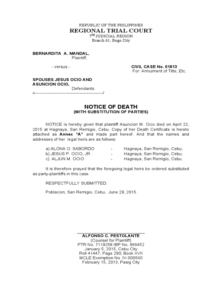 SAMPLE Notice of Death | PDF | Government Institutions | Separation Of ...