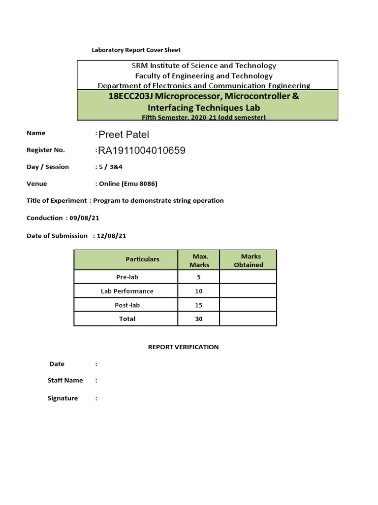 18ECC203J Microprocessor, Microcontroller & Interfacing Techniques Lab | PDF | Central ...