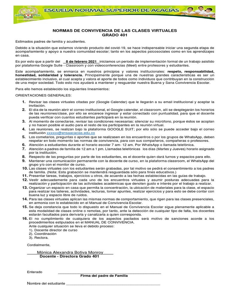 NORMAS DE TRABAJO EN CLASSROOM Y VIDEOCONFERENCIAS 401-Monik | PDF ...