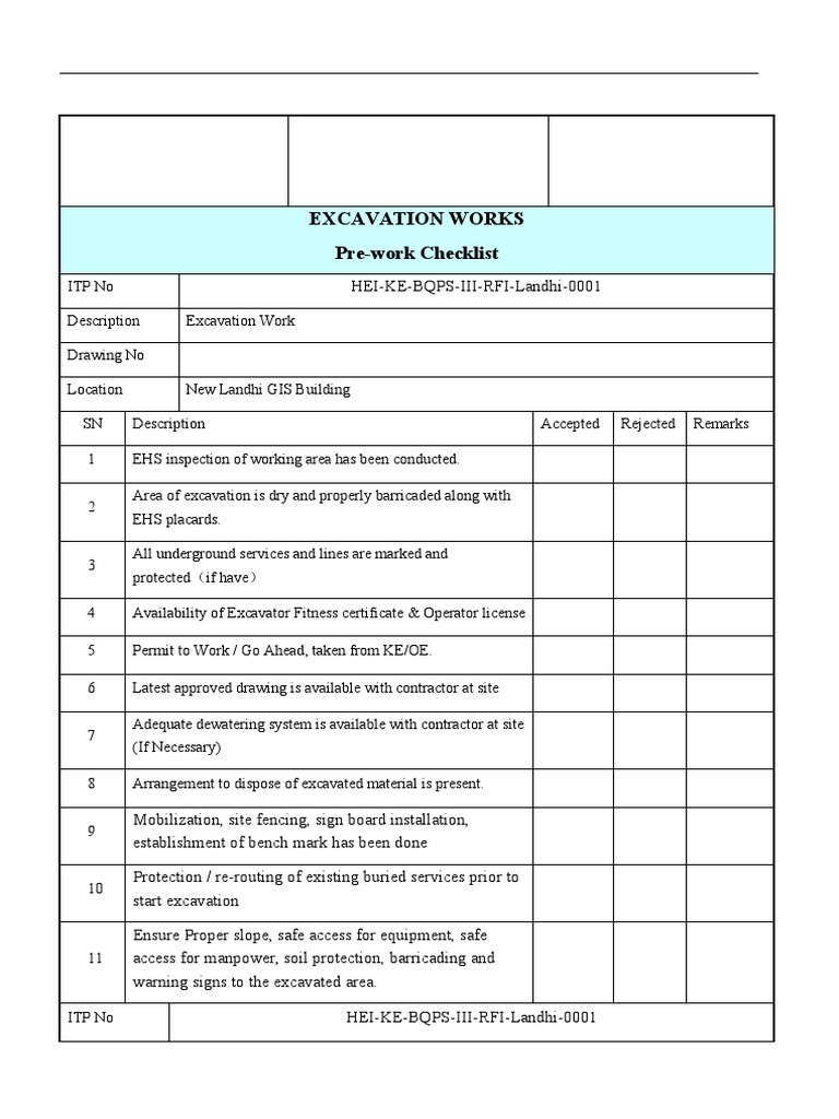 Excavation Works Pre-Work Checklist | PDF | Civil Engineering