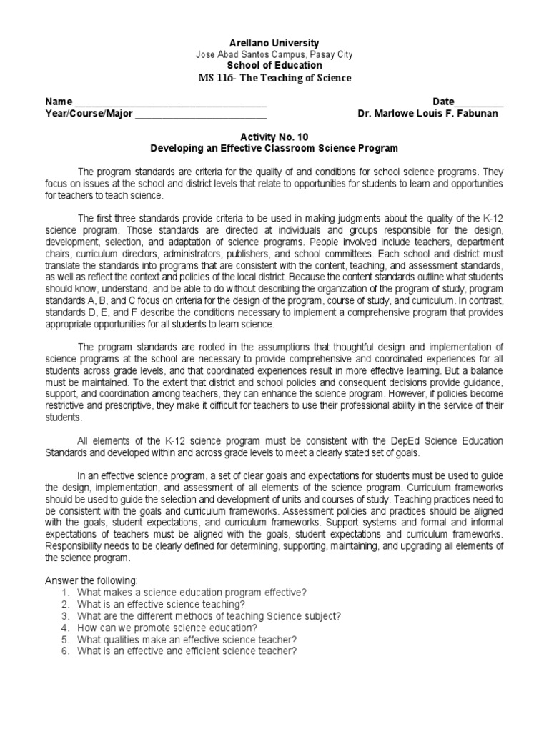 Activity 10 - Developing An Effective Classroom Science Program ...