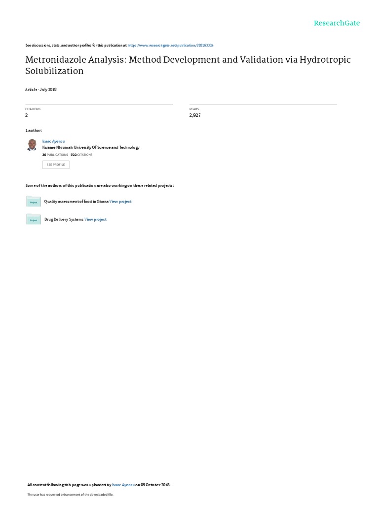 Metronidazole Analysis: Method Development and Validation Via Hydrotropic Solubilization | PDF ...