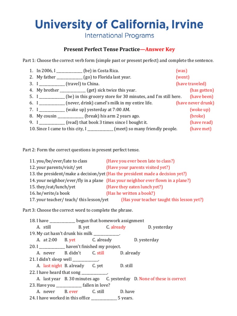 Present Perfect Tense Practice: - Answer Key | PDF