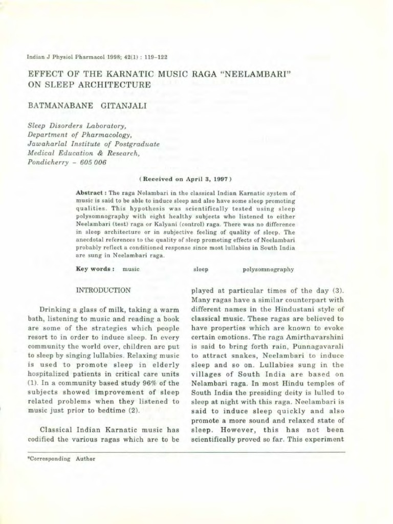 Effect of The Karnatic Music Raga "Neelambari" On Sleep Architecture ...