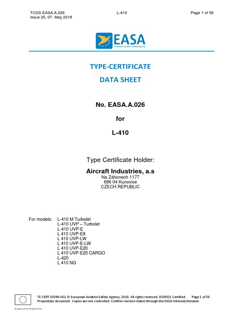 TCDS-EASA LET 410 - 026-L-410-Uvp-E9-L-410-Uvp-Lw-L-410-Uvp-E-Lw | PDF | Aeronautics | Transport