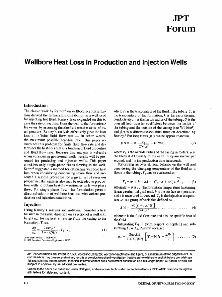 Wellbore Heat Loss in Production and Injection Wells, JPT Forum, 1979 ...