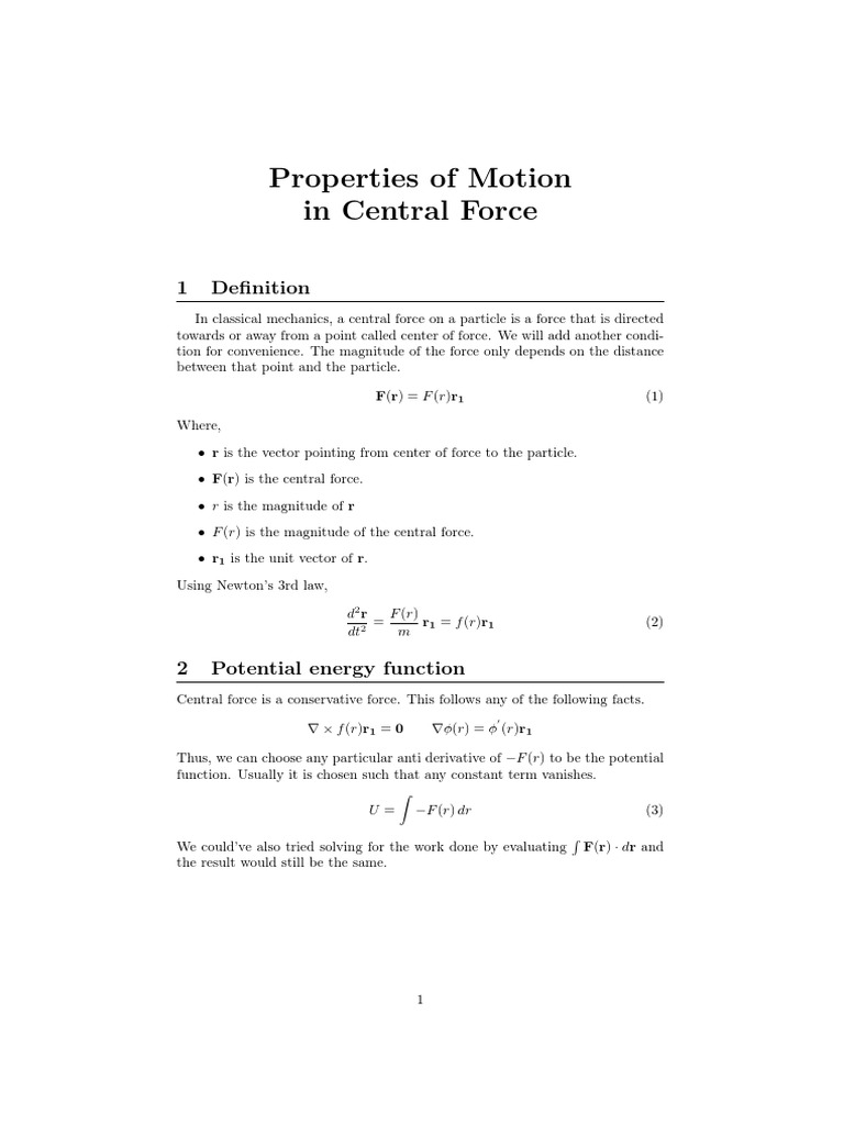 Properties of Motion in Central Force | PDF | Force | Lagrangian Mechanics