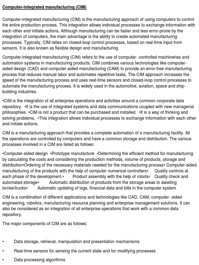 Overview of Computer-Integrated Manufacturing | PDF | Automation ...