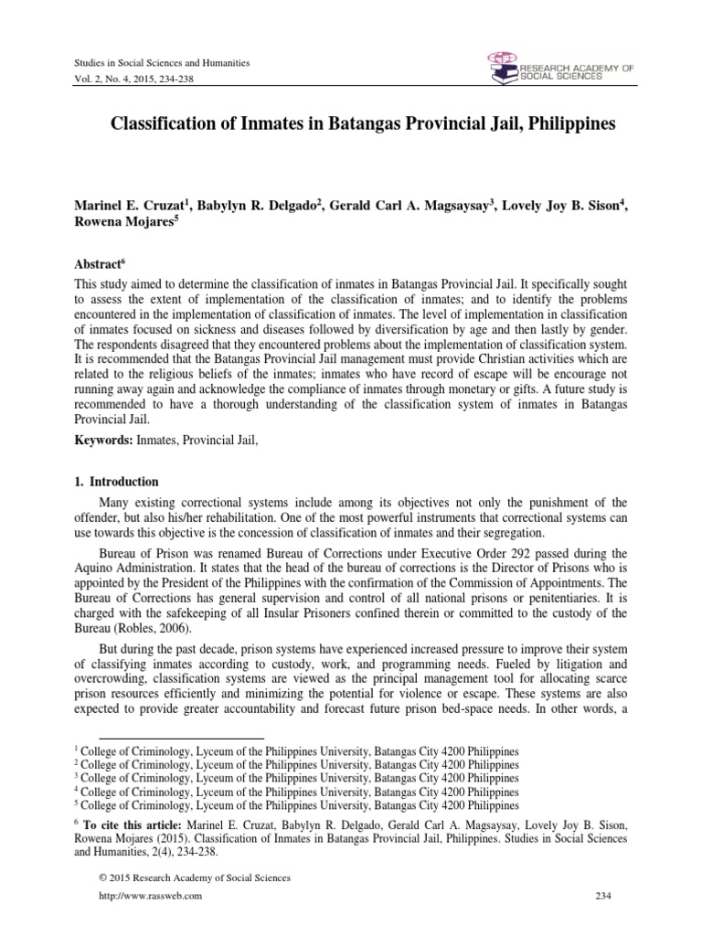SSSH Classification of Inmates in Batangas Provincial Jail Philippines ...