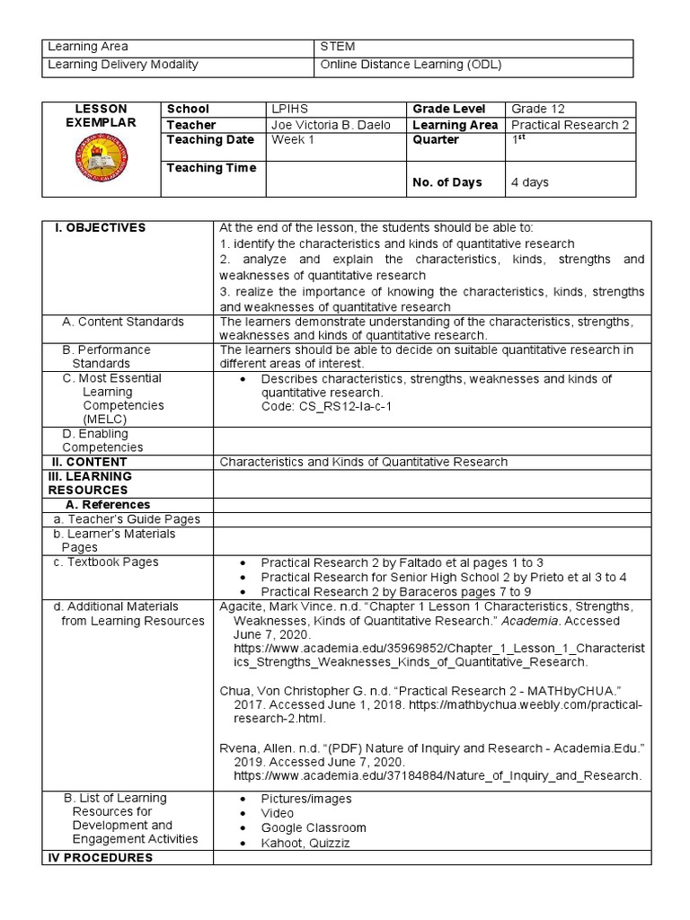 Lesson Exemplar School Grade Level Teacher Learning Area Practical ...