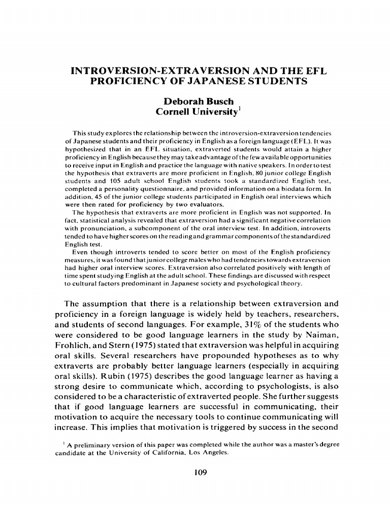 Introversion-Extraversion A N D The Efl Proficiency of Japanese Students Deborah Busch Cornell ...