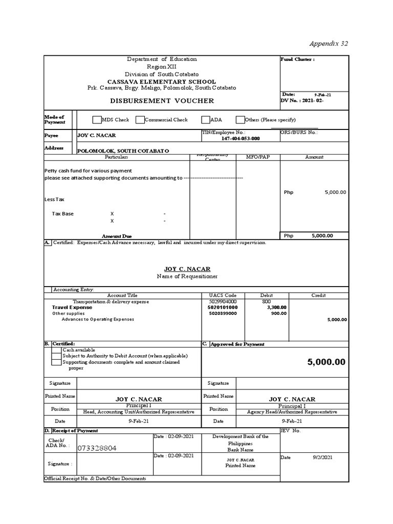 Disbursement Voucher | PDF | Payments | Debits And Credits