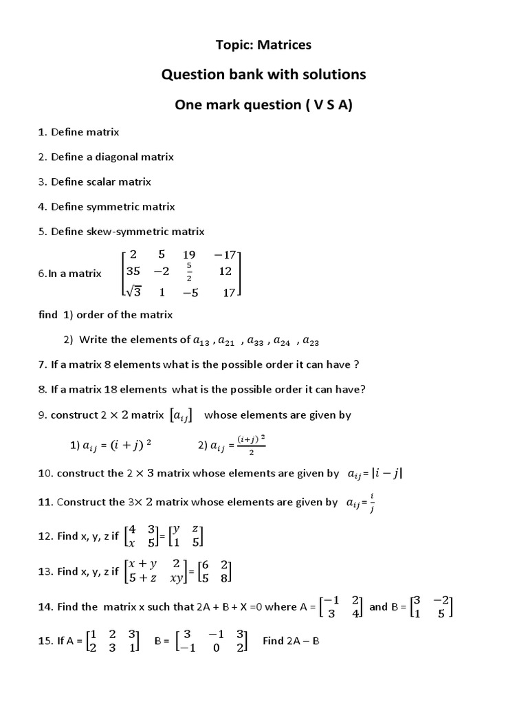 CH 3 Matrices Question Bank PDF | PDF | Matrix (Mathematics) | Operator Theory