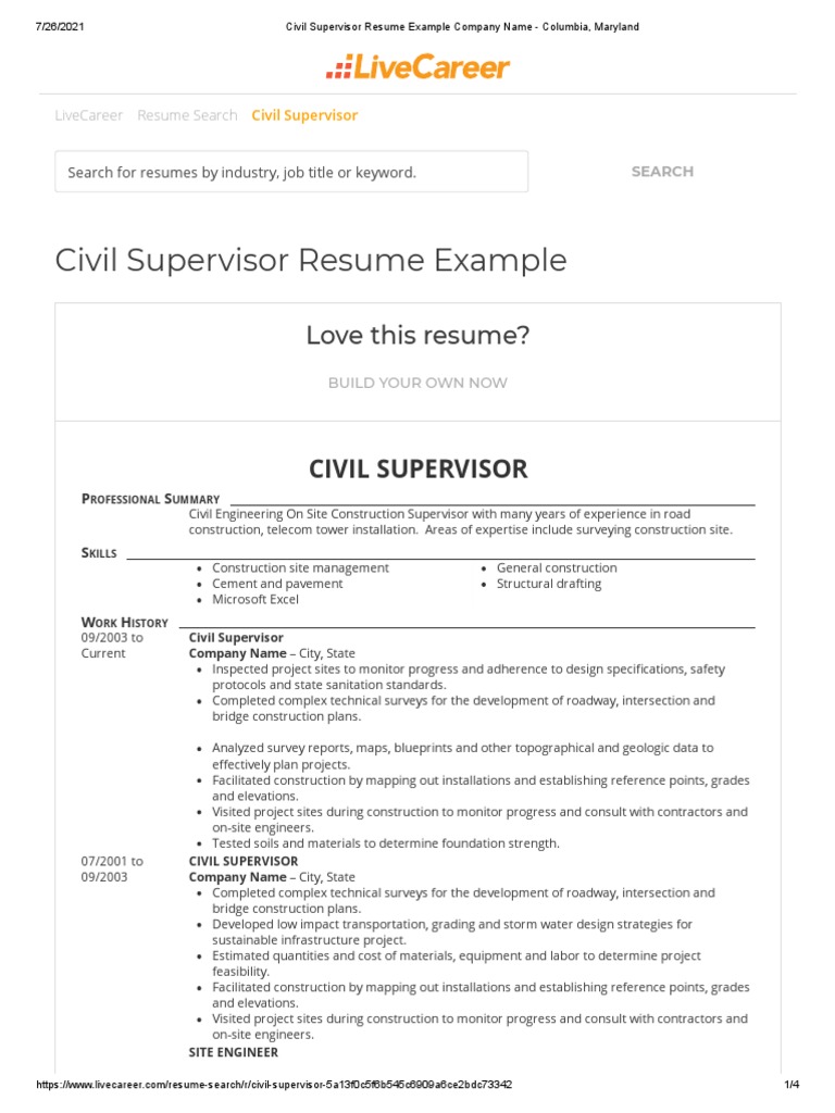 Civil Supervisor Resume Example Company Name - Columbia, Maryland | PDF ...
