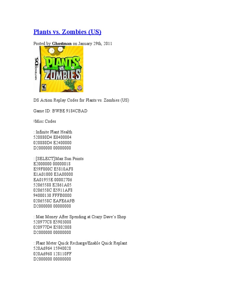 Plants Vs Zombies Codes PDF