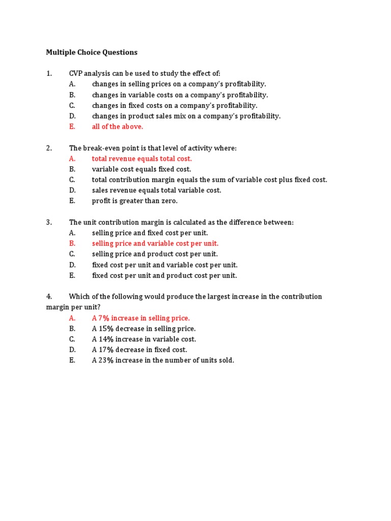 CVP Analysis Multiple Choice Questions | PDF | Market (Economics ...