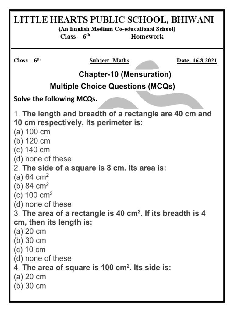 Little Hearts Public School, Bhiwani: Chapter-10 (Mensuration) Multiple ...