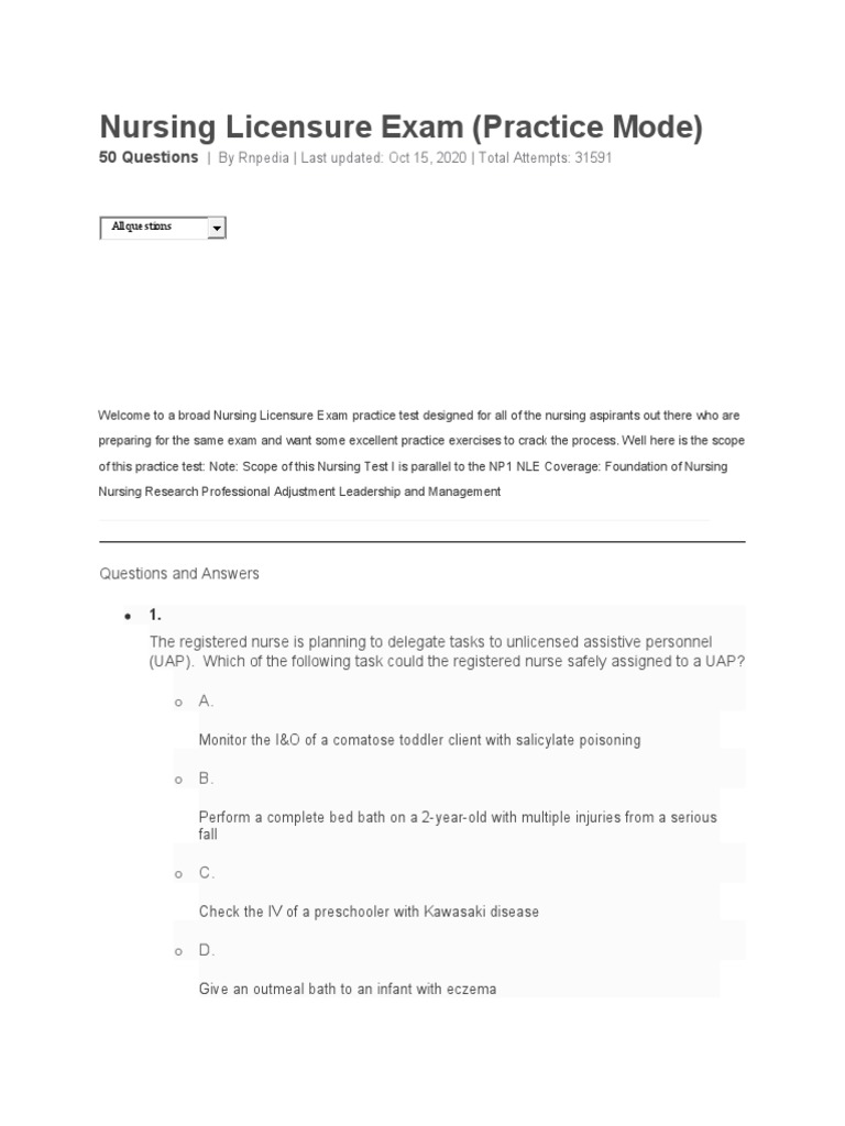 Nursing Licensure Exam (Practice Mode) : 50 Questions | PDF | Nursing ...