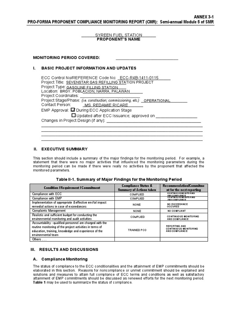 ANNEX 3-1 ANNEX 3-1 Pro-Forma Proponent Compliance Monitoring Report ...