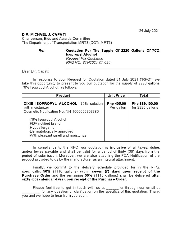 MRT3 Alcohol Supply Quotation | PDF