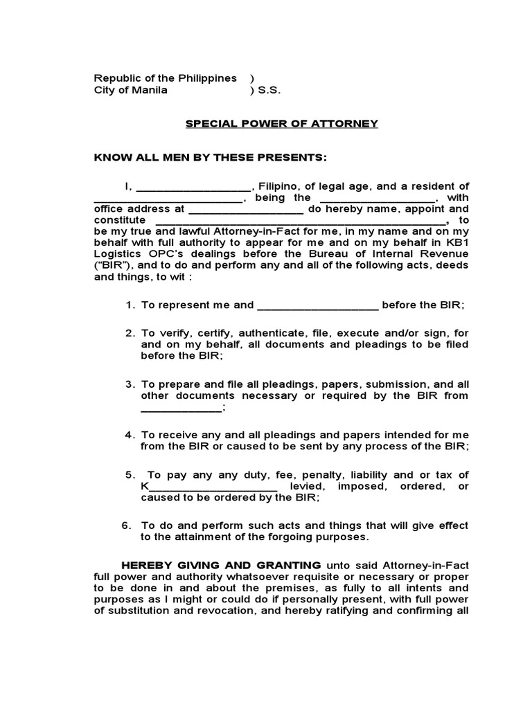 SPA For BIR | Download Free PDF | Power Of Attorney | Taxes