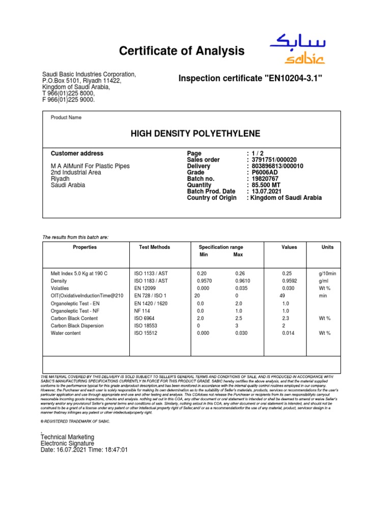 Certificate of Analysis | PDF | Building Materials | Chemistry