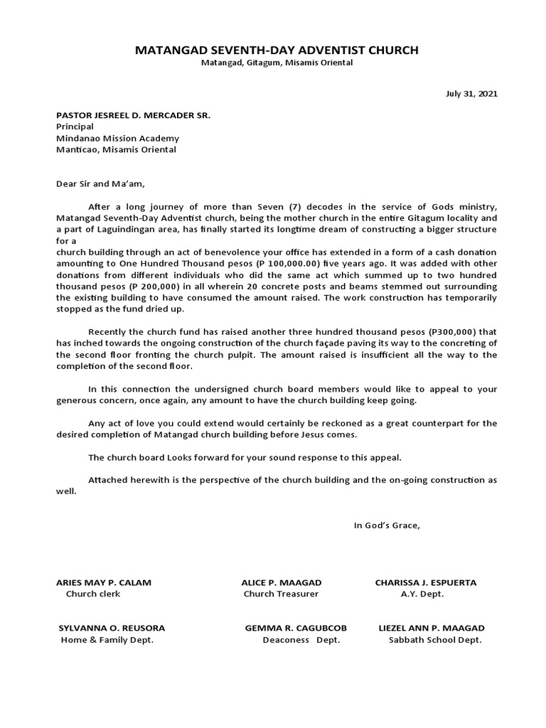 Matangad Seventh Day Adventist Church Letter | PDF | Arminianism ...