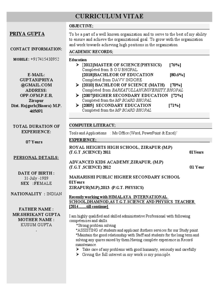 Curriculum Vitae: Priya Gupta | PDF | Cognition | Learning