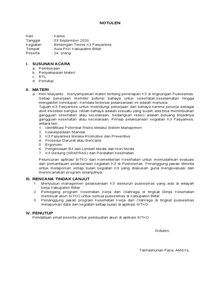 Notulen Bimbingan Teknis K3 Fasyankes | PDF | Ilmu Sosial | Sains ...