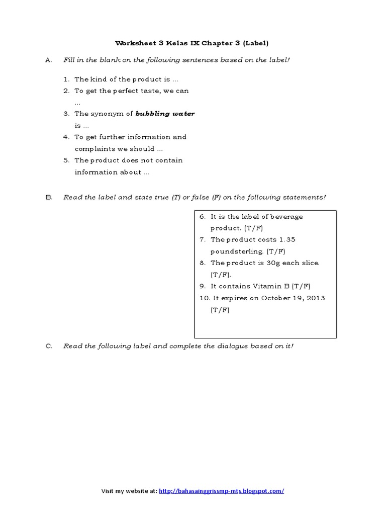 Worksheet 3 Kelas IX Chapter 3a | PDF