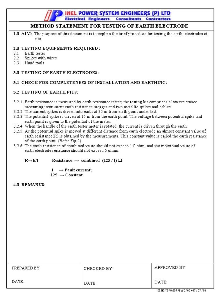 Method Statement For Testing of Earth Electrode: Prepared by | PDF ...