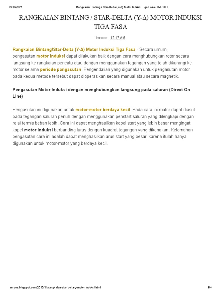 Rangkaian Bintang - Star-Delta (Y-Δ) Motor Induksi Tiga Fasa - IMROEE | PDF