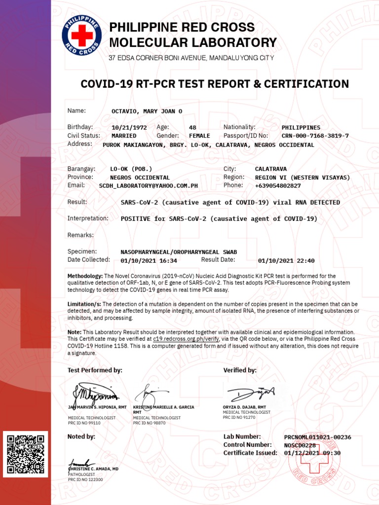 Philippine Red Cross Molecular Laboratory: Covid-19 RT-PCR Test Report ...